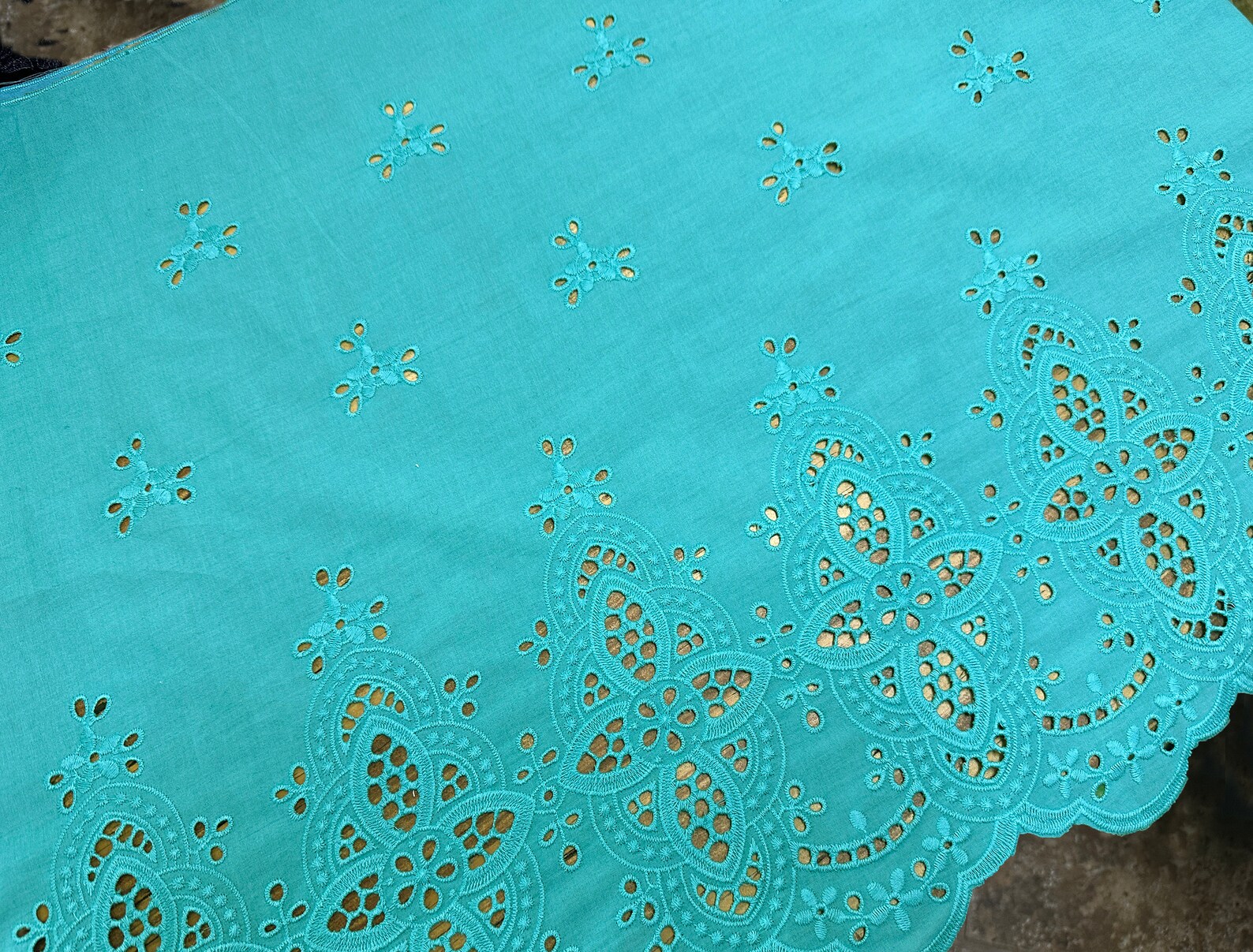 Teal Embroidery on Teal Background - Broderie Anglaise Cotton Eyelet ...