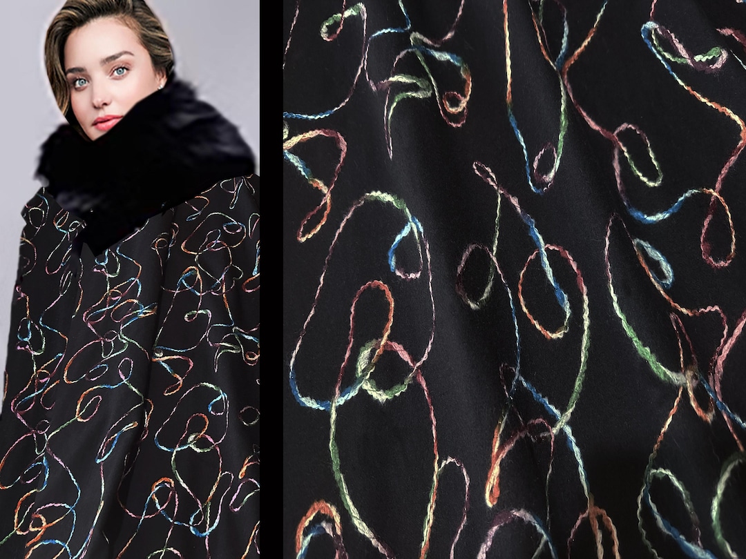 Multi Gradient Colors Embroidery on Black Background - Italian Woolen ...