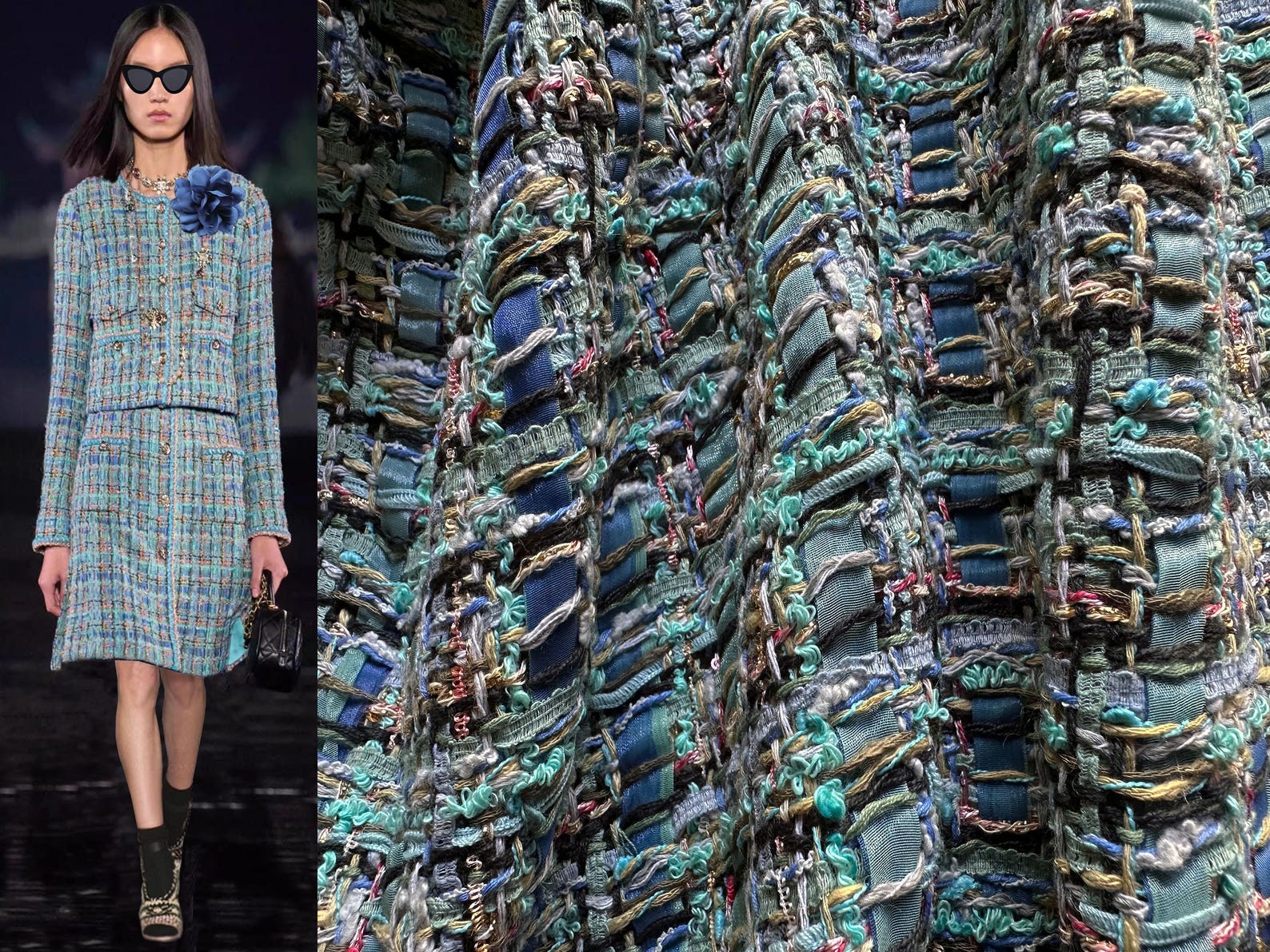 Tela de tweed francés azul con cintas de seda y lentejuelas doradas ...