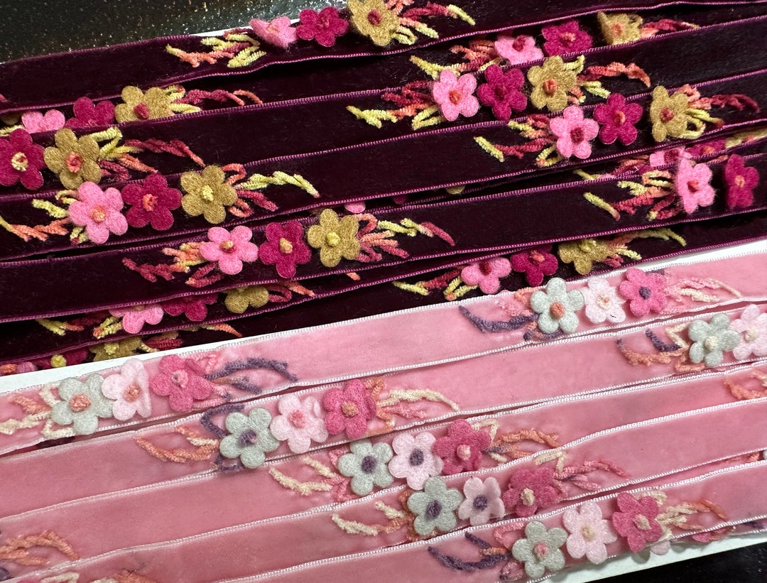 Embroidered Hand Made Velvet Ribbon - in 2 Colors - 6/8
