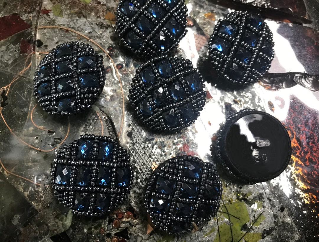 Blue on Black Hand-made - Glass Beads Embroidered Buttons - 35 MM Width ...