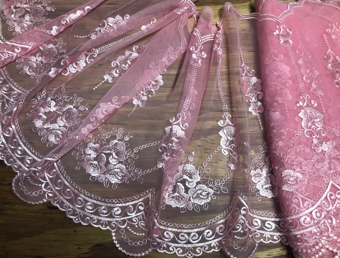 Pink Embroidery on Pink Scalloped on Both Sides - Soft Tulle ...