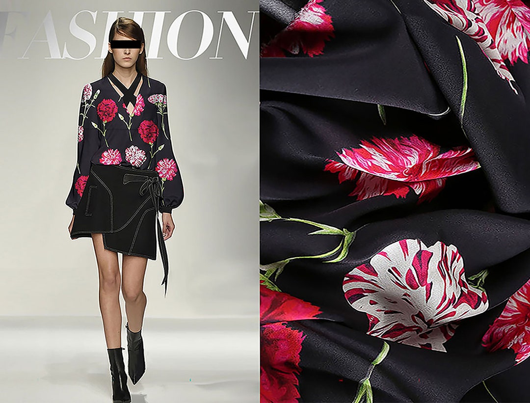 Multi Color Carnations on Black Background - Stretch Silk Satin, 142 Cm ...