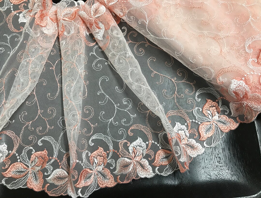 Salmon and White on Salmon Powder Background- Double Border Embroidered ...