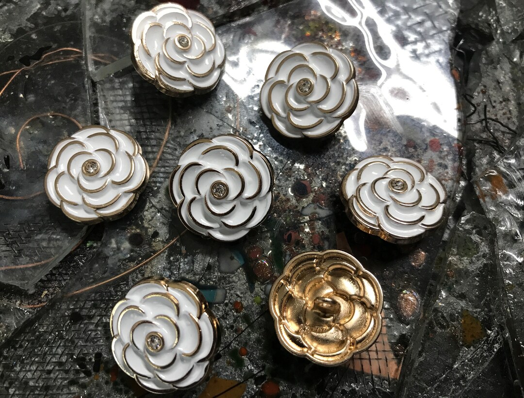 Gold W/white Enamel Inlay and Crystals Roses - Metal Alloy Button - 22 ...