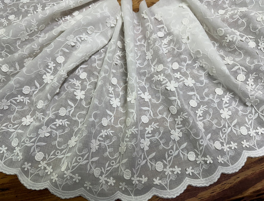 Natural White 3D Embroidery on Natural White Cotton Voile Background ...