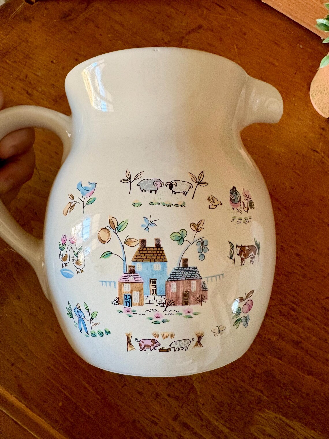 Vintage Heartland-style Ceramic Folk Art Ivory Pitcher Jug Sheep, Cows ...