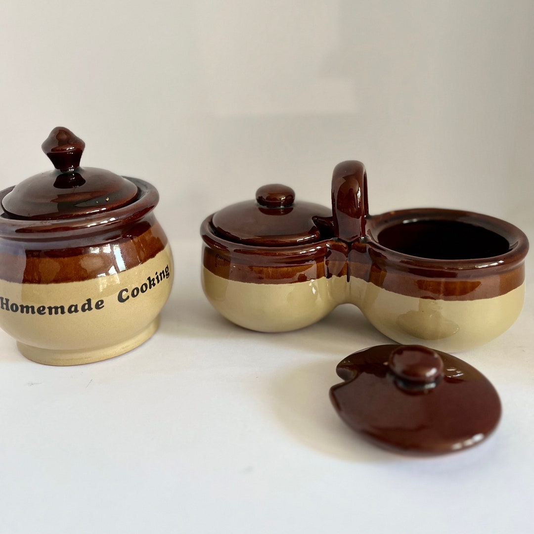 Brown and Tan Stoneware Vintage Double Server Condiment Jars With Lids ...