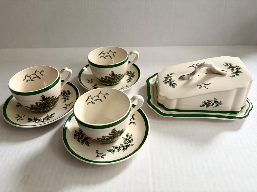 Vintage Spode Christmas Tree Cheese Dish With Lid Wedge Style and 3 Tea ...