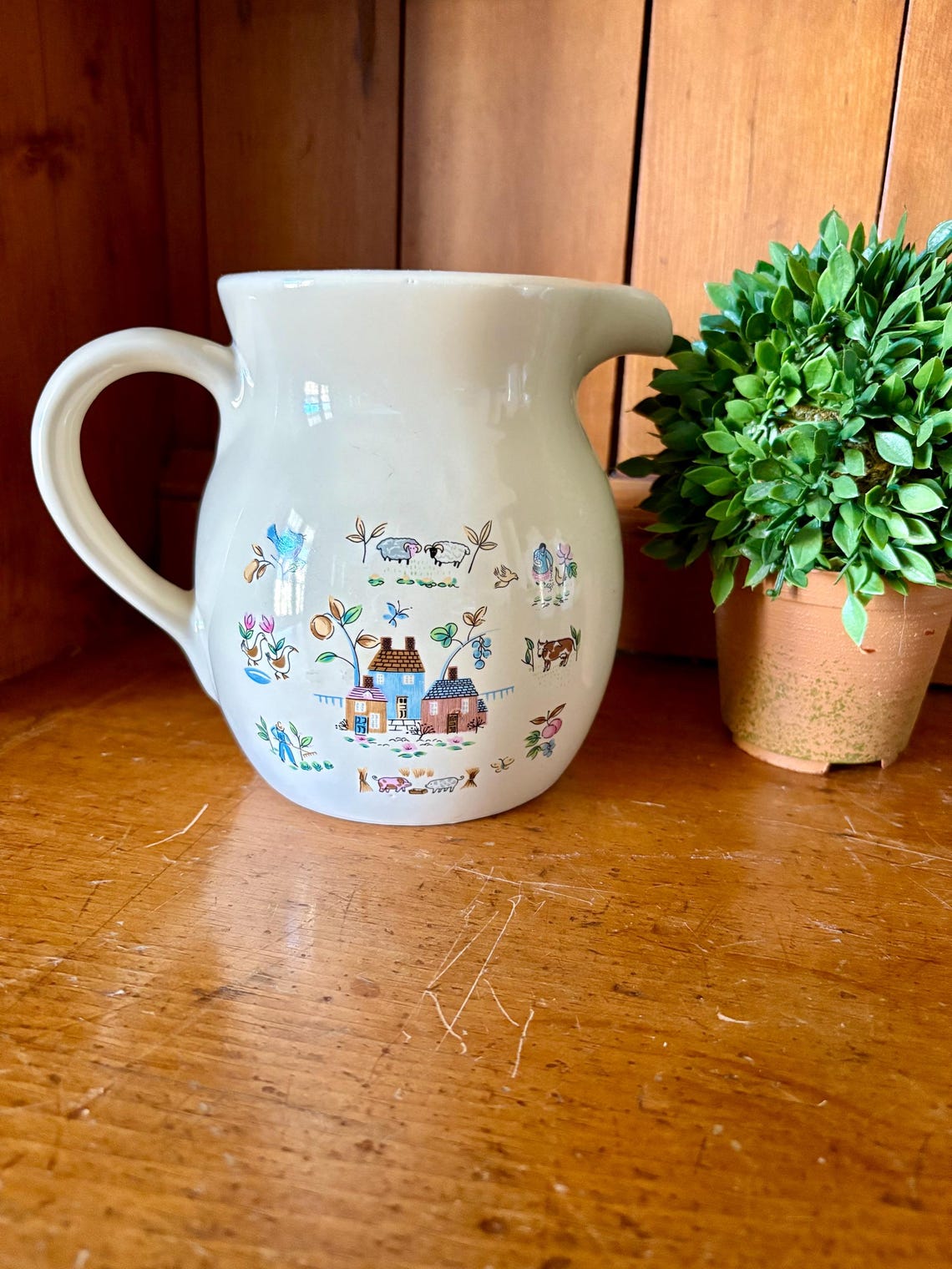 Vintage Heartland-style Ceramic Folk Art Ivory Pitcher Jug Sheep, Cows ...