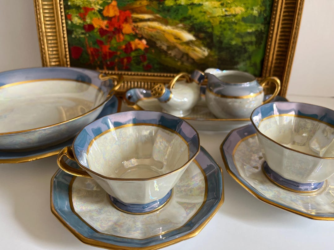 Blue Lusterware Tea Cup and Saucer Set of 9 Pieces Schlaggenwald H and ...