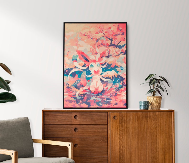 Sylveon, Pokemon, Japanese Tapestry Style, Anime Poster, Pink Mount ...
