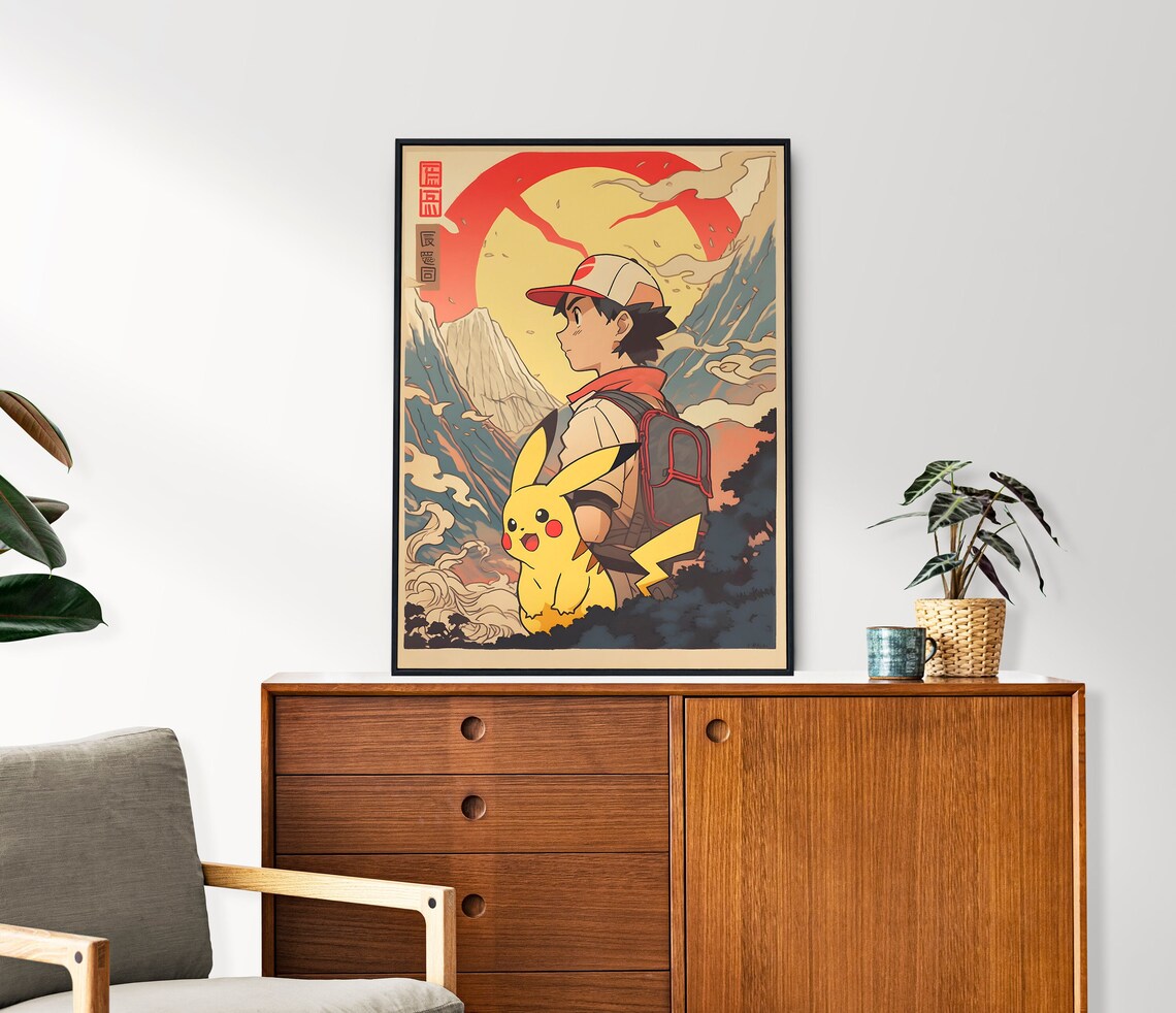 Ash and Pikachu, Pokemon, Japanese Tapestry Style, Anime Poster ...