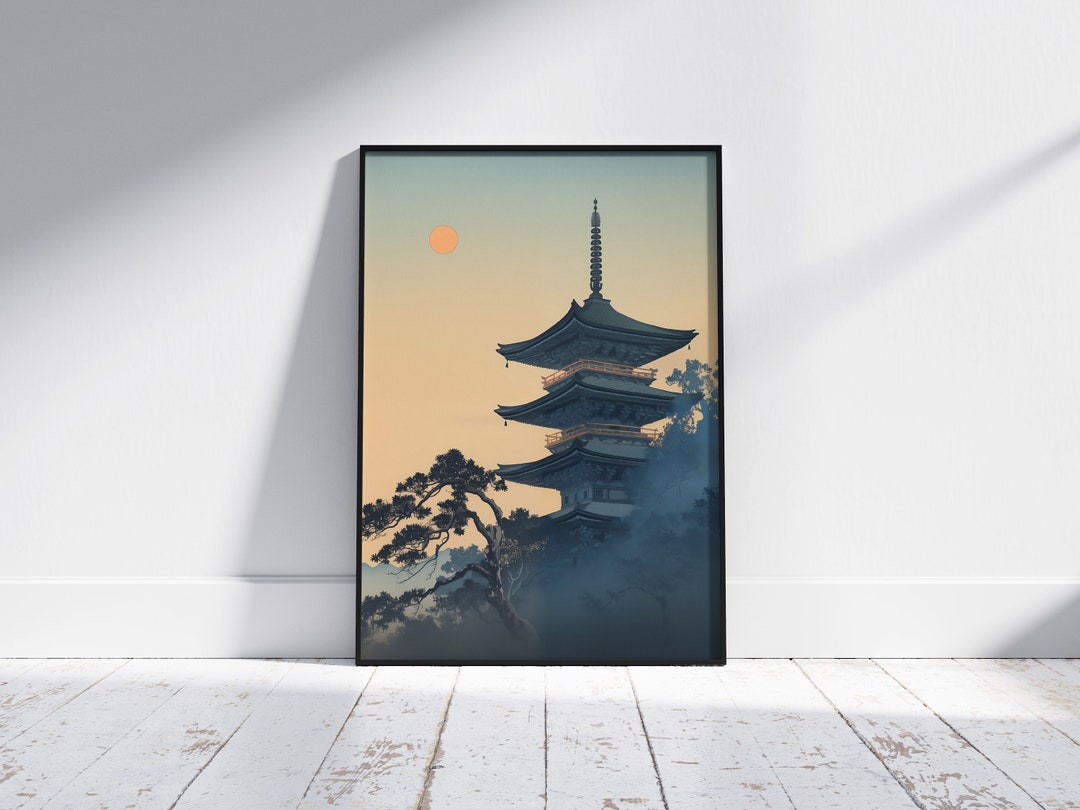 Japanese Vintage Style Art, Japanese Pagoda Tower, Utagawa Hiroshige ...