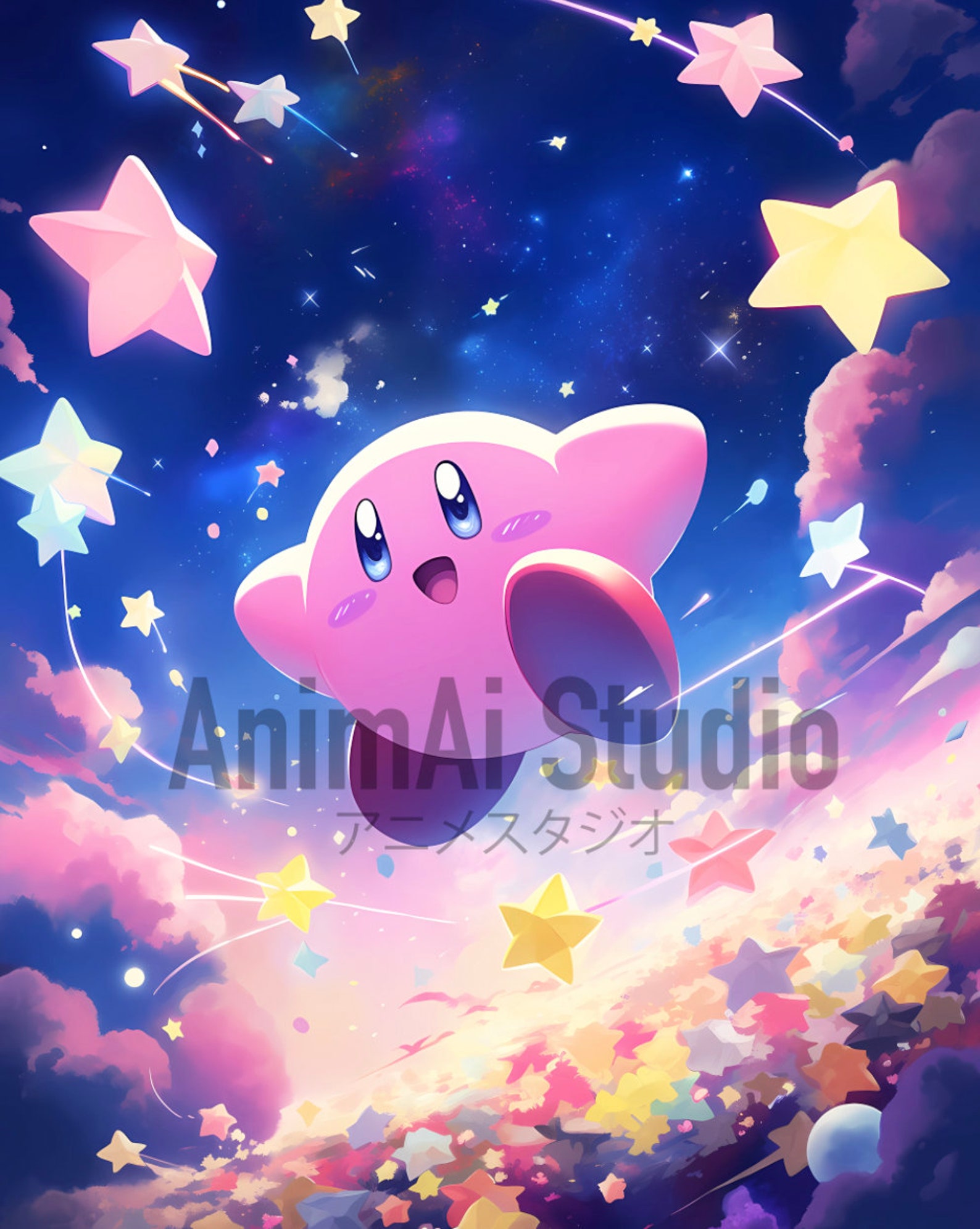 Kirby Warp Stars Anime Poster: Japanese Tapestry Style (digital ...