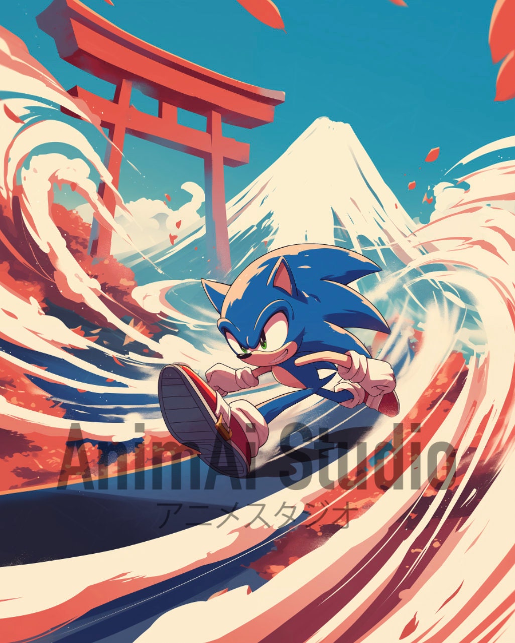 Sonic the Hedgehog Running Through Japan, Mount Fuji, Torii Gate, Anime ...