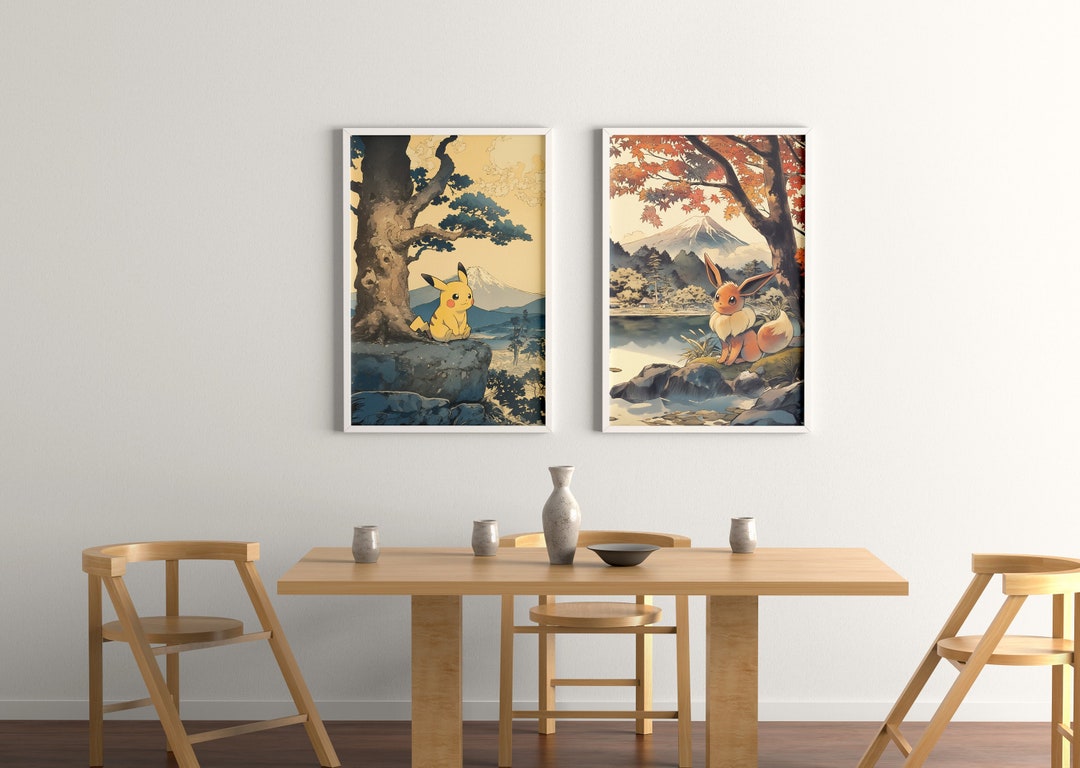 Pikachu & Eevee, Double Pokemon Poster, Japanese Tapestry Style, Mount ...
