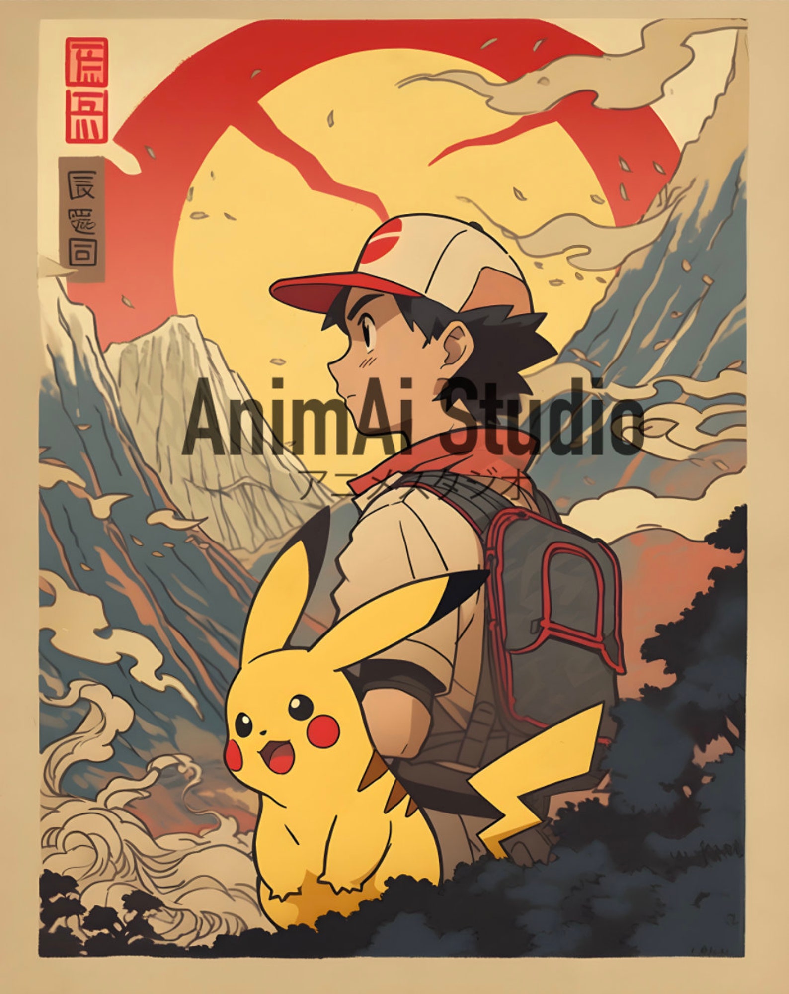 Ash and Pikachu, Pokemon, Japanese Tapestry Style, Anime Poster ...
