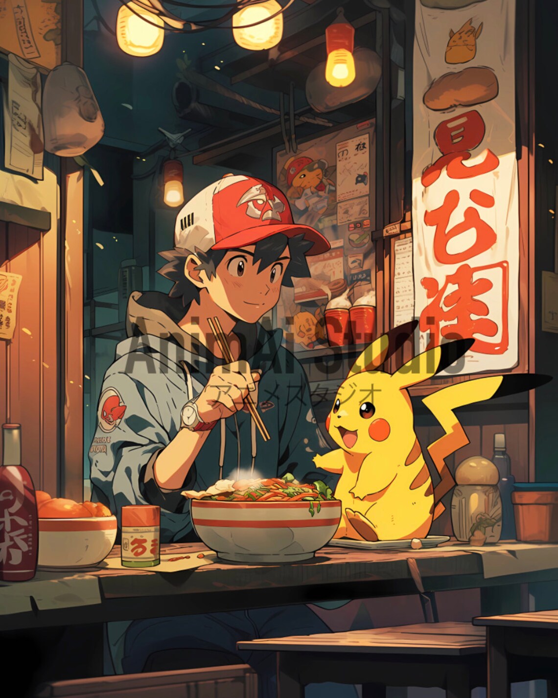 Ash and Pikachu, Ramen Series #1, Pokemon, Japanese Tapestry Style ...