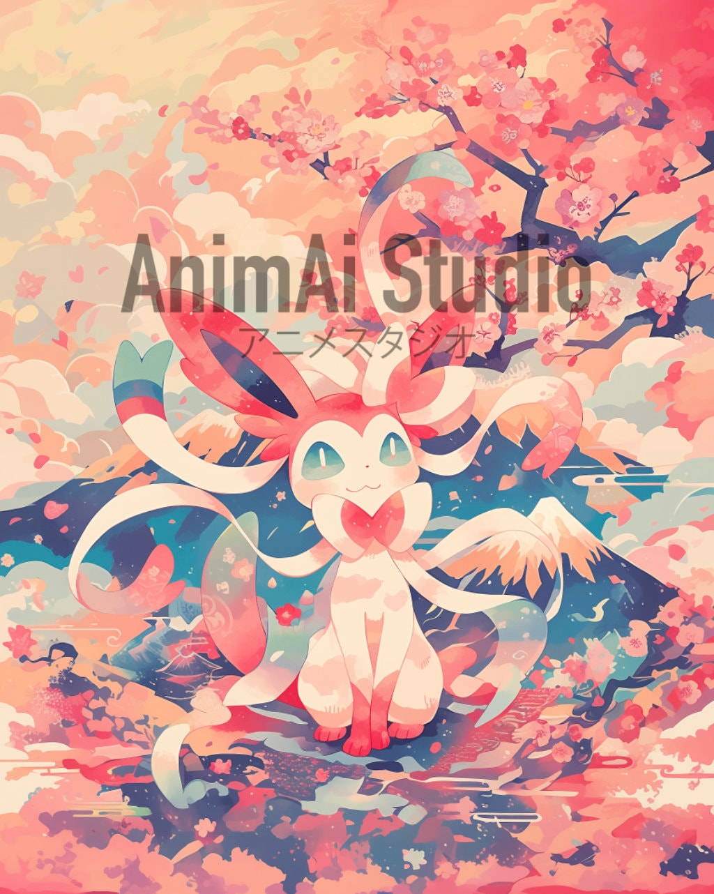 Sylveon, Pokemon, Japanese Tapestry Style, Anime Poster, Pink Mount ...