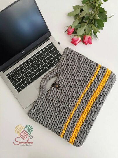 Grey/yellow Color Crocheted Computer Case Knitted Laptop - Etsy