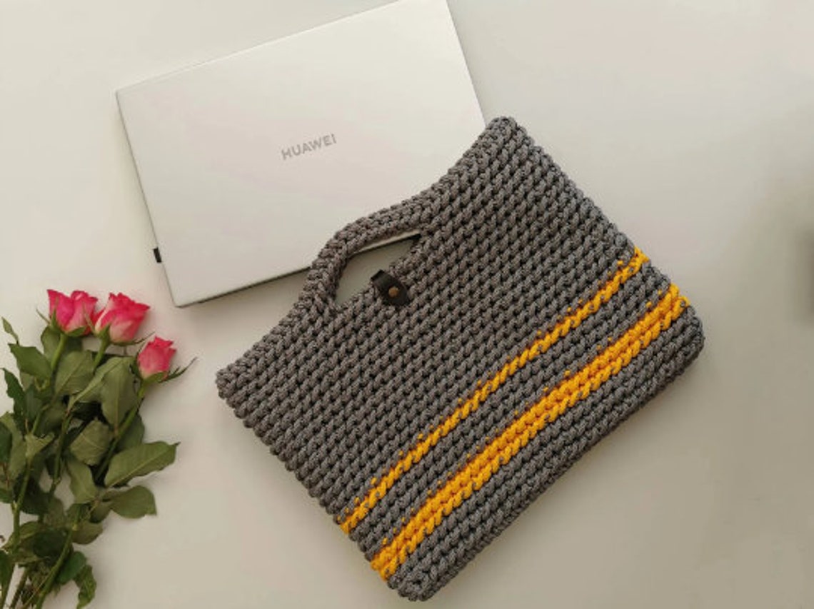 Grey/yellow Color Crocheted Computer Case Knitted Laptop - Etsy