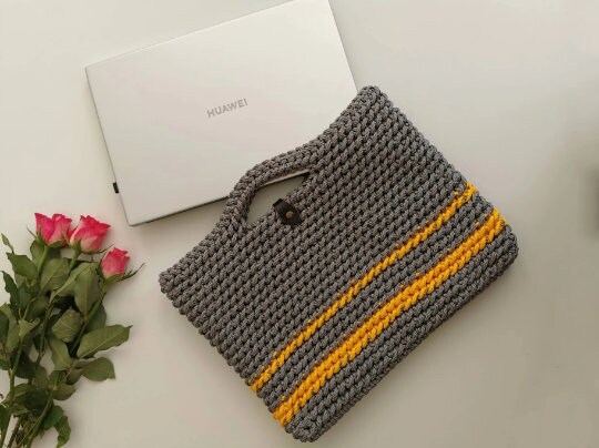 Grey/yellow Color Crocheted Computer Case Knitted Laptop - Etsy
