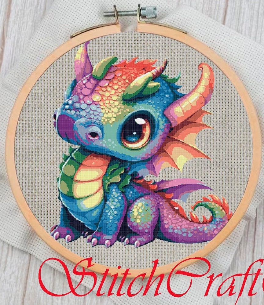 Fantasy Cross Stitch Pattern PDF Counted Embroidery Rainbow Cute Dragon ...