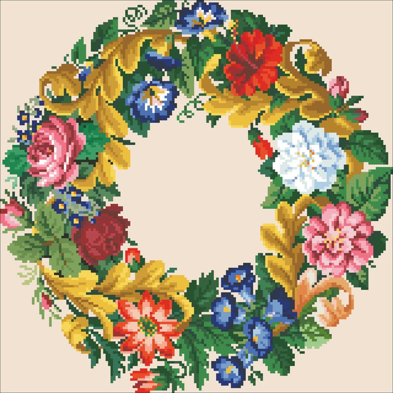 Vintage Cross Stitch Pattern PDF Counted Sampler Flowers Wreath Pattern ...