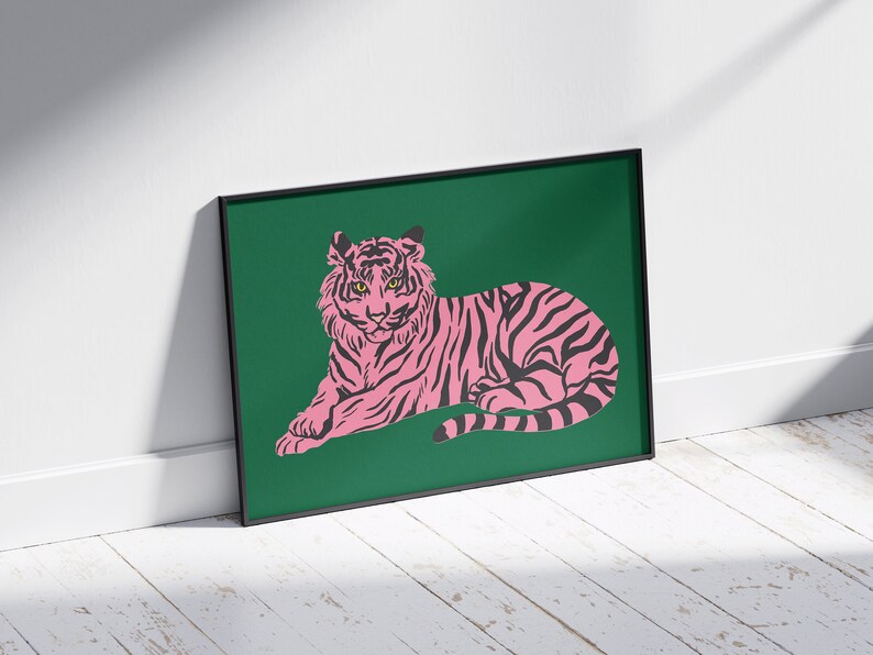 Pink Tiger Art Print, Green Maximalist Decor (digital Download) - Etsy