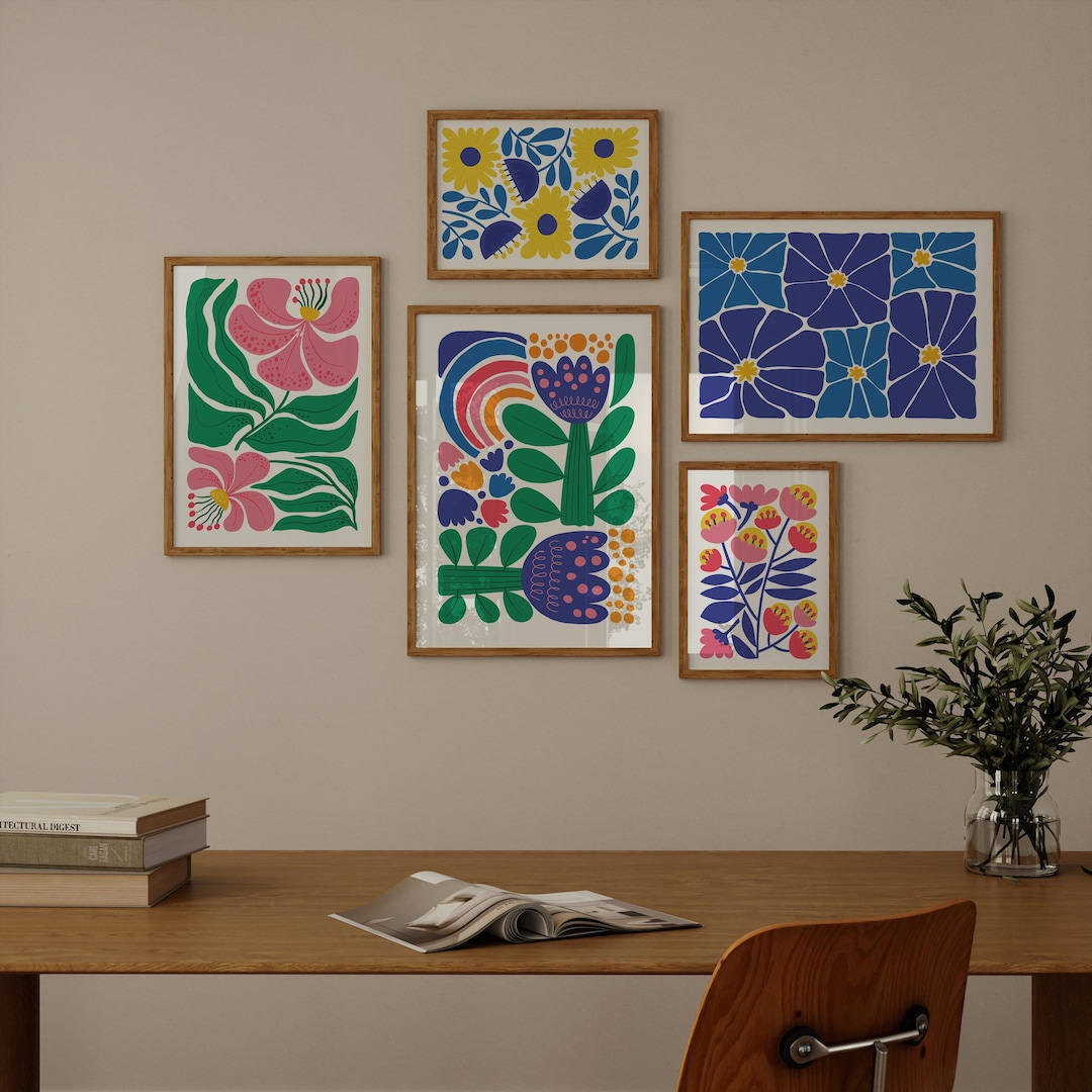 Abstract Botanical Art Prints, Retro Floral Wall Decor Set (digital ...