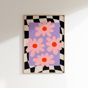 Flower Pattern Art Print for Download, Danish Pastel Decor, Checkered ...