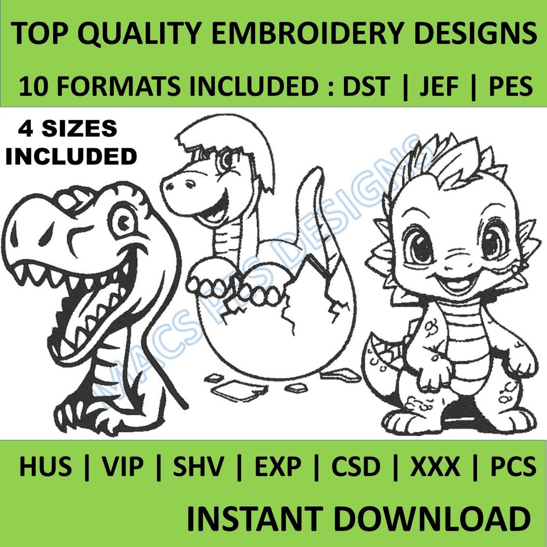 Dinosaur Embroidery Designs PES JEF DST Dino Embroidery Machine 4 Sizes ...