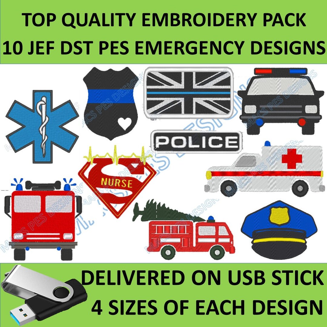 10 Emergency PES JEF DST Embroidered Design on Usb. Brother Machine ...