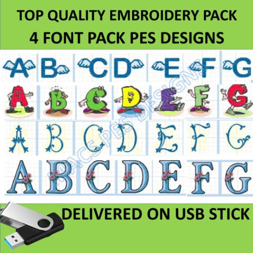 4 Sets of Full Fonts PES Designs on USB Brother Machine Embroidery Files to Embroider Letters ...