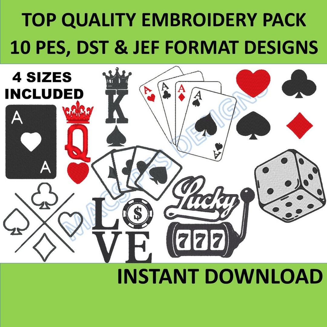 Playing Cards Embroidery Pack PES JEF DST Casino Embroidery Design ...