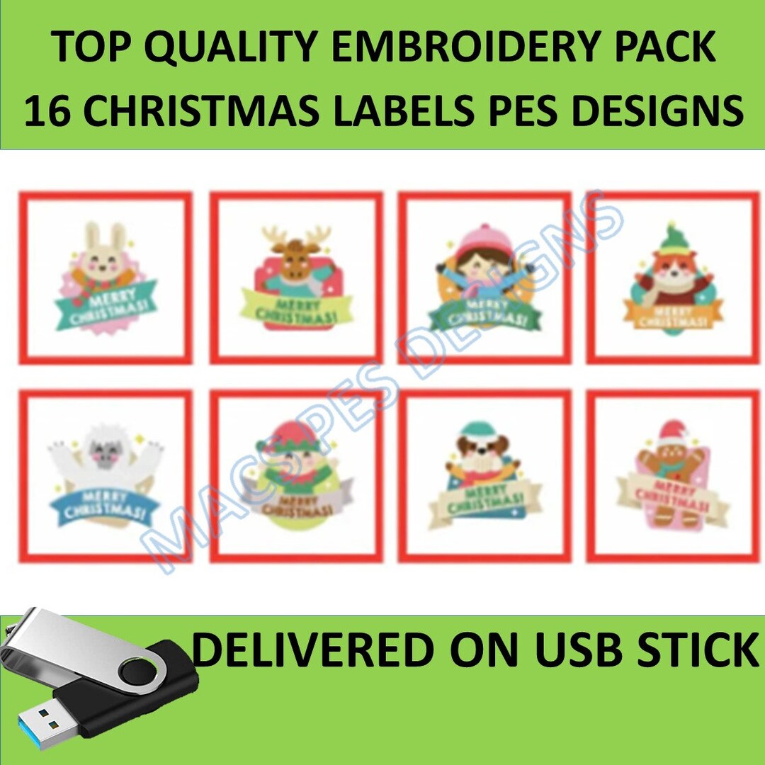 Christmas Labels PES 16 Designs Machine Embroidery Files on USB Santa ...