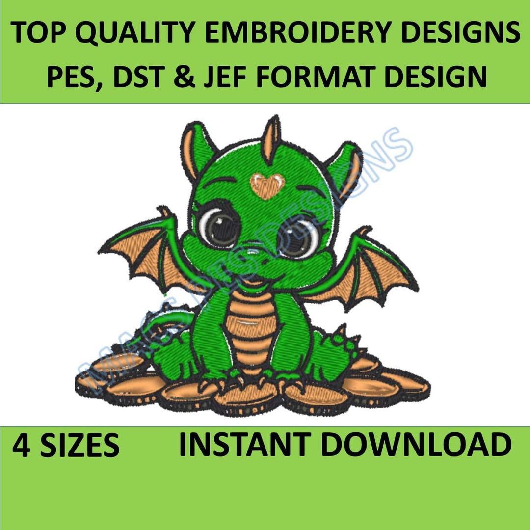 Cute Baby Dragon Machine Embroidery Design Green Baby Dragon Embroidery ...