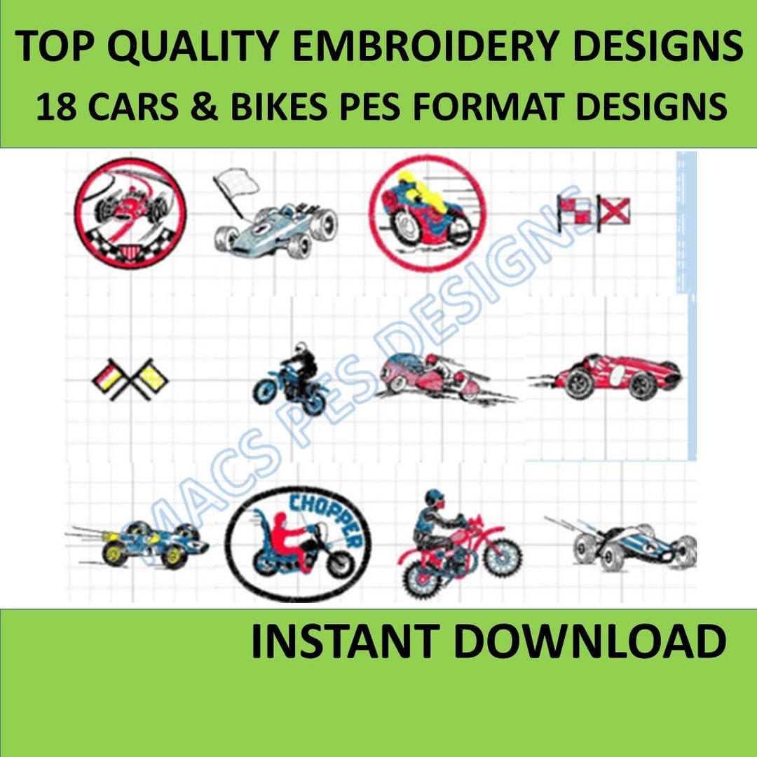 Cars & Bikes - 18 PES Designs Machine Embroidery Files Instant Download ...