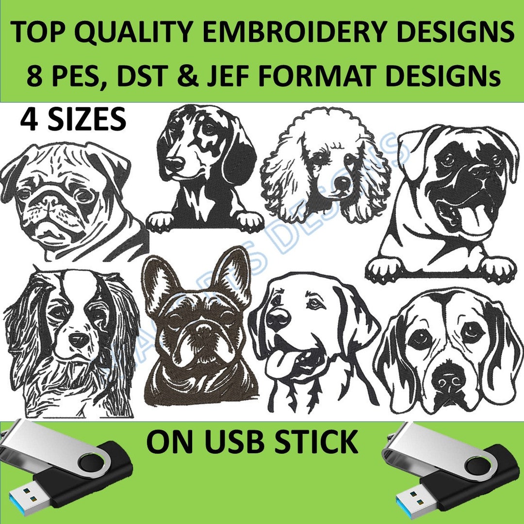 8 Dog Faces Machine Embroidery Designs on USB, 4 Sizes, Dog Breeds ...