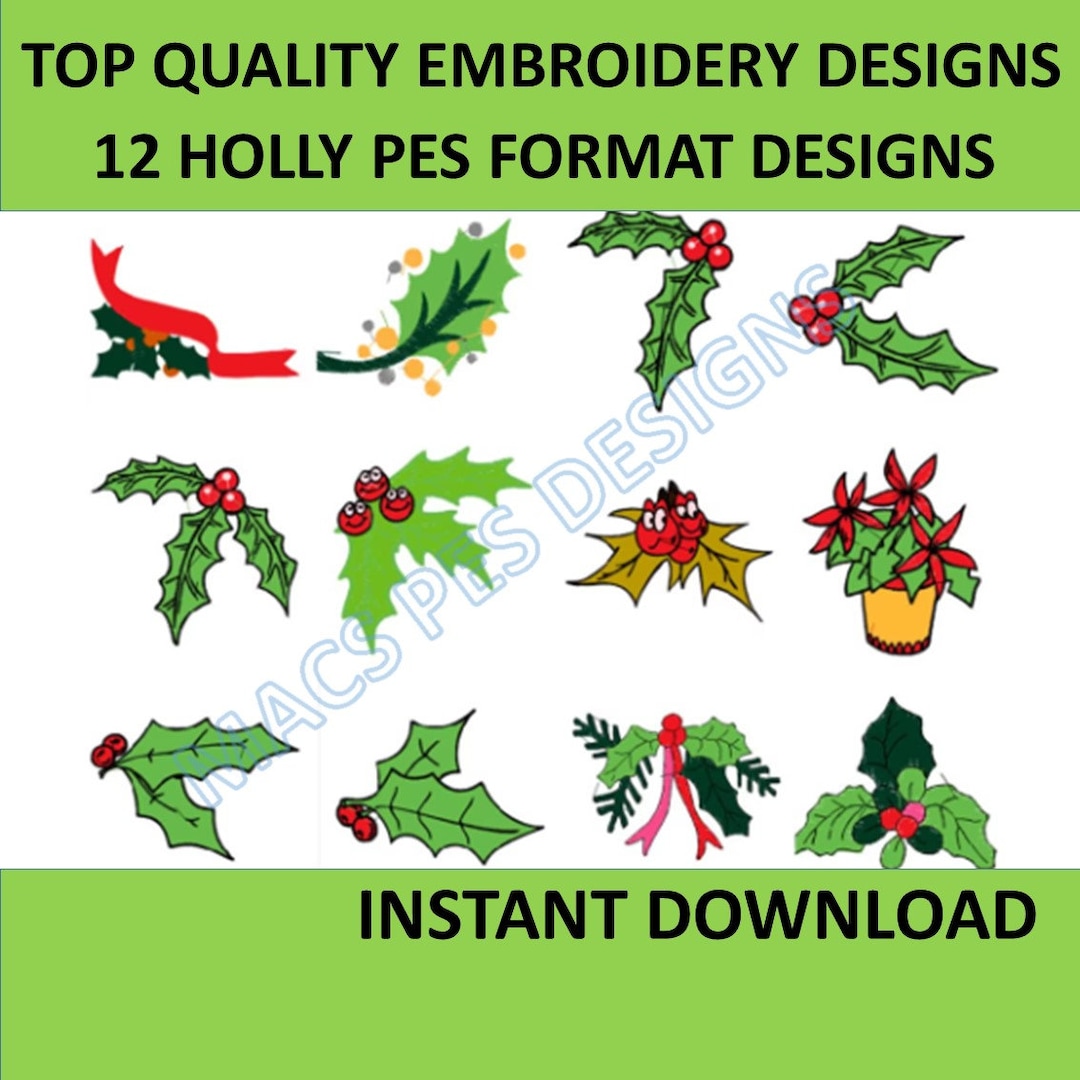 Holly & Ivy Embroidery Applique Designs. 12 Holly Embroidery Design ...