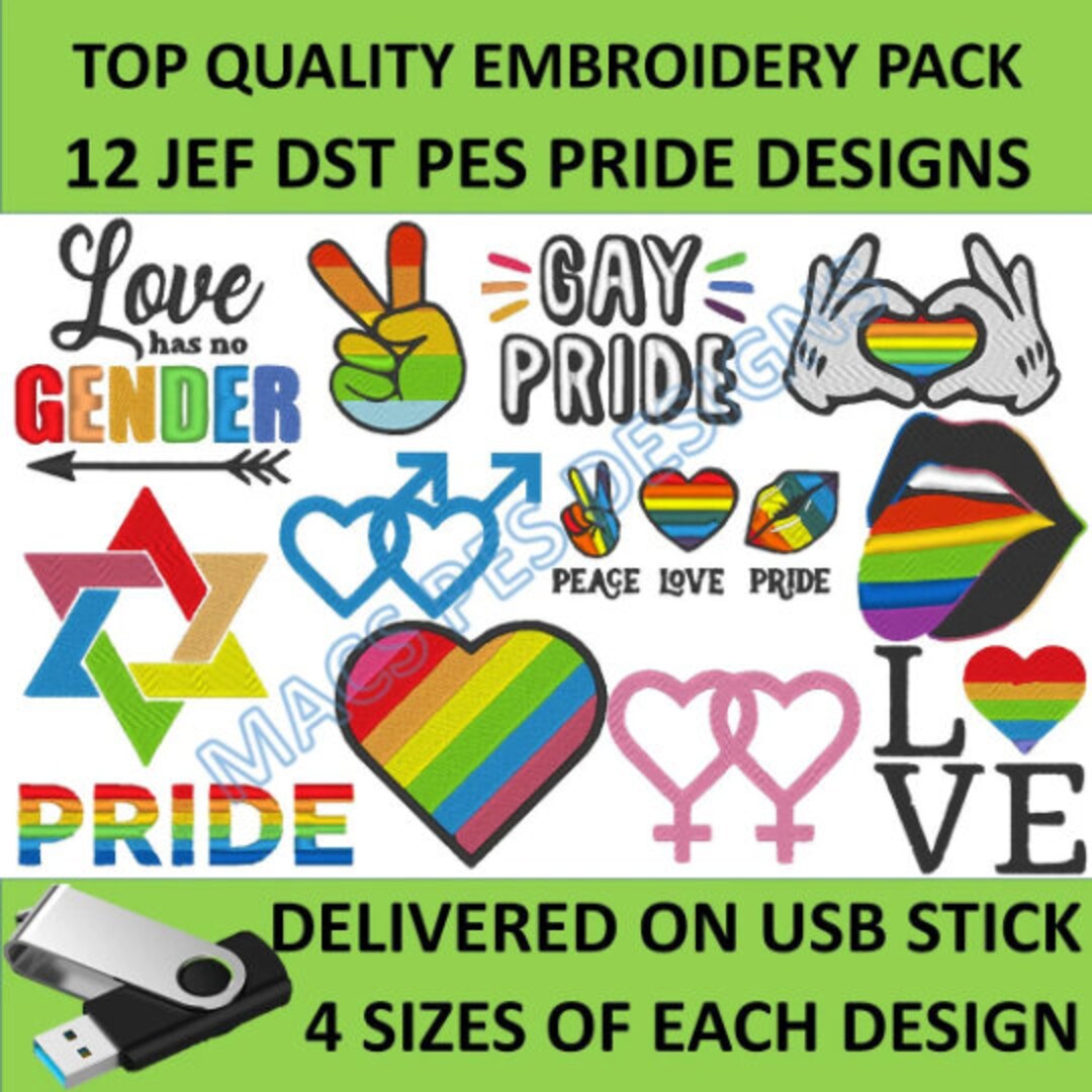 12 LGBT Pride PES Jef DST Embroidered Design on Usb. Brother Machine ...