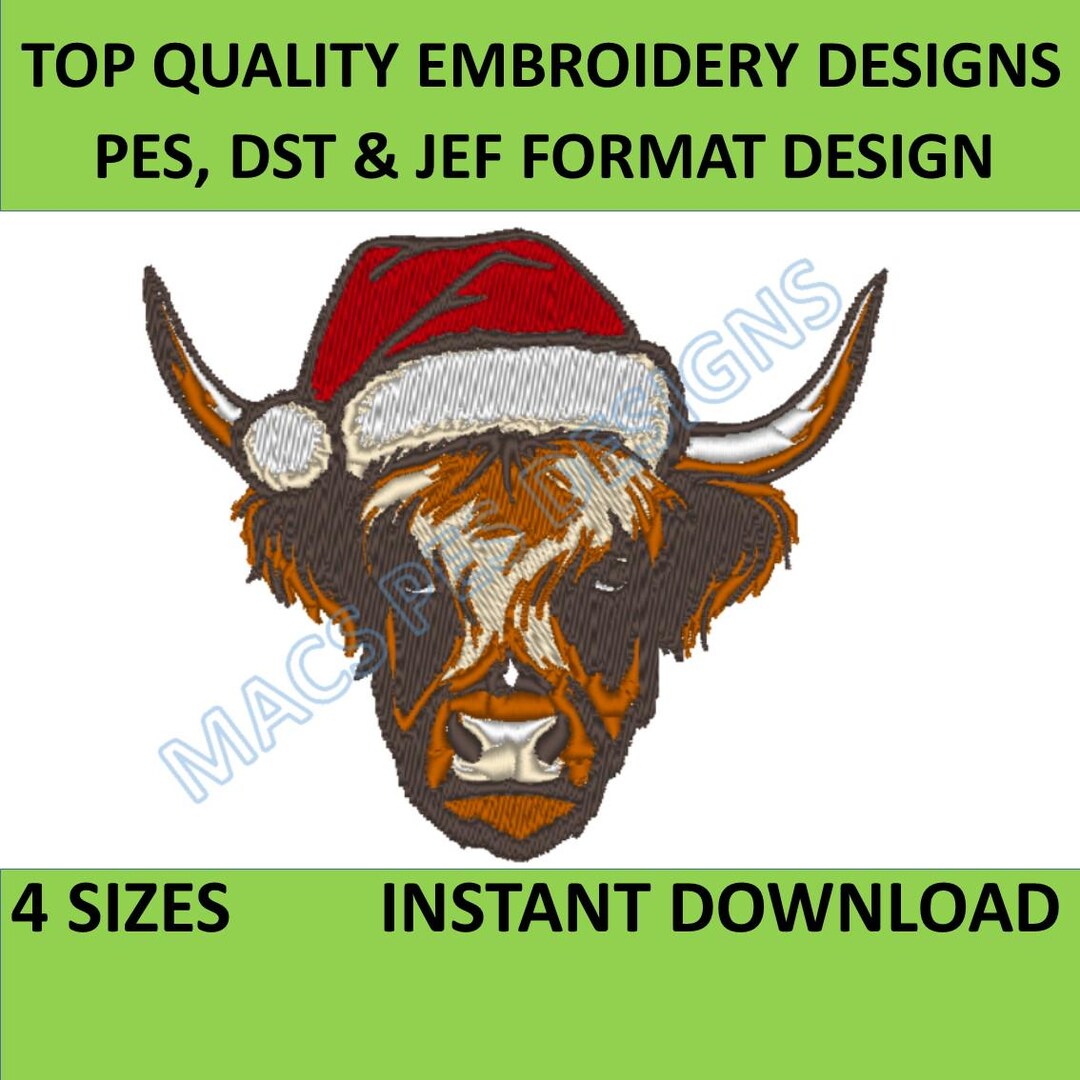 Christmas Highland Cow Embroidery Design, Farm Animal Embroidery File ...