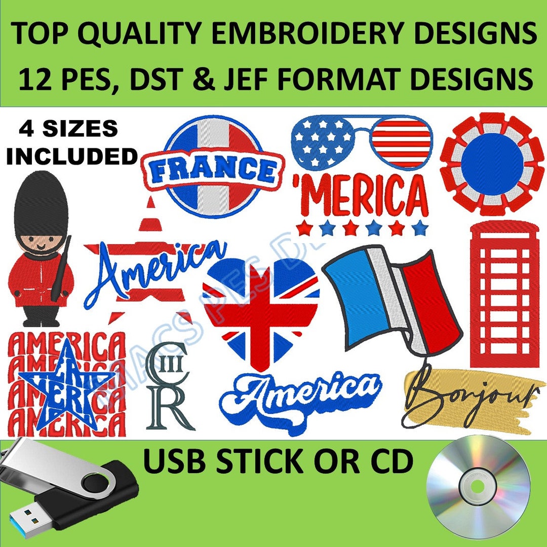 World PES DST JEF Embroidery Designs on Usb / Cd 12 Designs 4 Sizes Pes ...