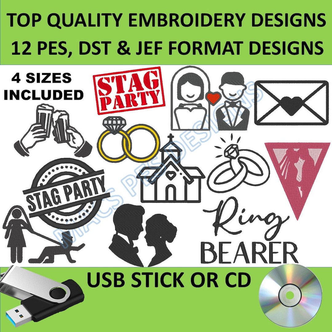 Wedding PES DST JEF Embroidery Designs on Usb / Cd 12 Designs 4 Sizes ...