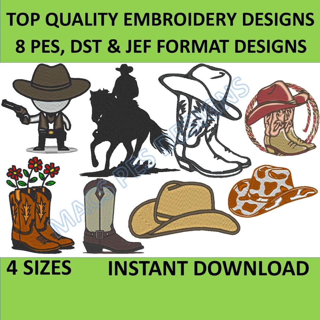 Cowboy Embroidery Designs PES JEF DST Boot 8 Embroidery Machine 4 Sizes ...