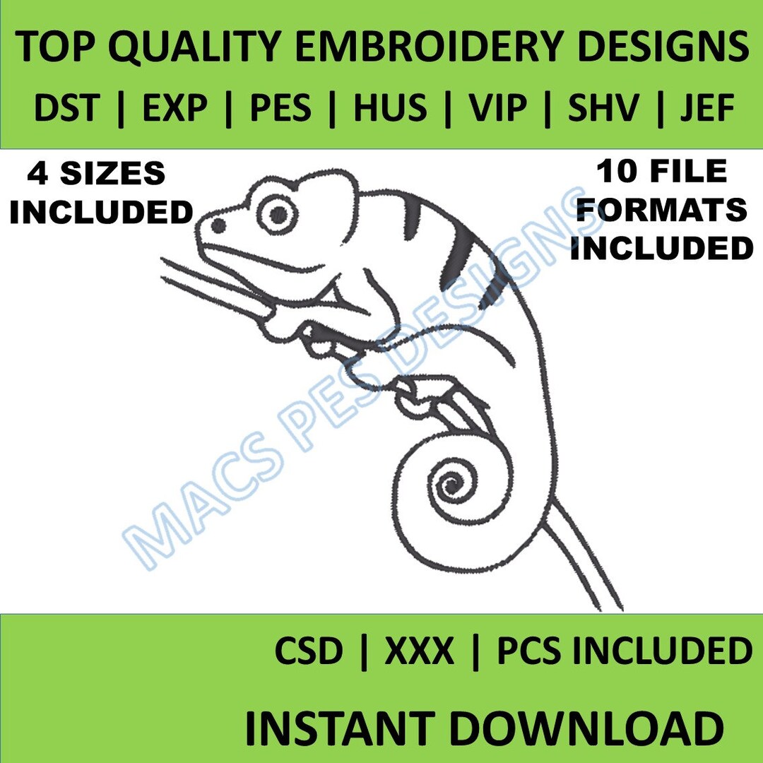 Chameleon Embroidery Design PES JEF DST Pet Embroidery Machine 4 Sizes ...
