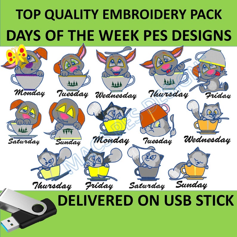 Days of Week Puppies & Kittens PES Designs on USB Designs 14 - Etsy