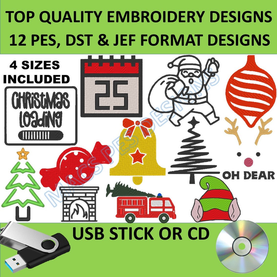 Christmas PES DST JEF Embroidery Designs on Usb / Cd 12 Designs 4 Sizes ...