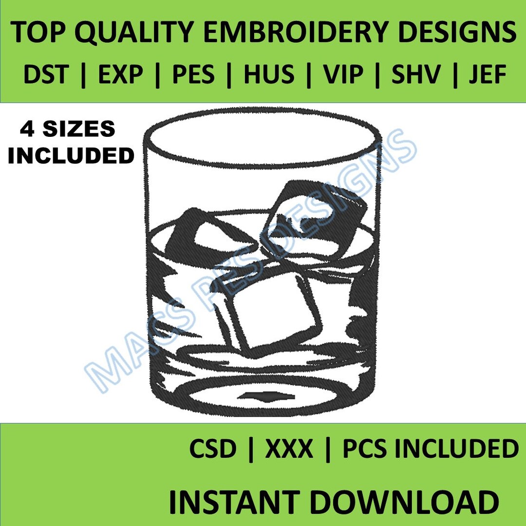 Whiskey Glass Ice Embroidery Design PES JEF DST Drink Embroidery ...